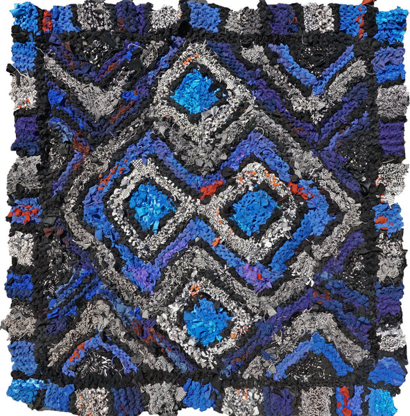 Black and White and Blue Log Cabin Rag Rug, 38" x 42" – Karen Tiede Studio